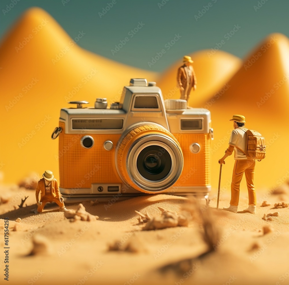 world photography day A camera in desert with cartoon photographers. Ai ...