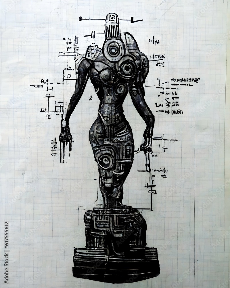 cyberpunk schematic african statuette pen paper blueprint Stock ...