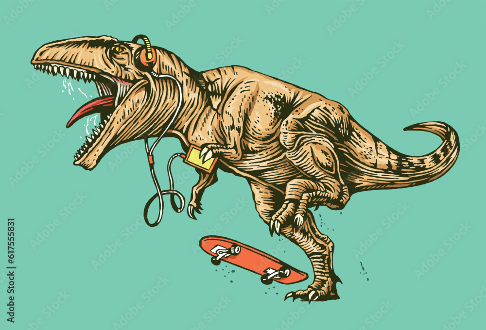 Colorful hand drawn illustration of skateboarder Tyrannosaurus Rex ...