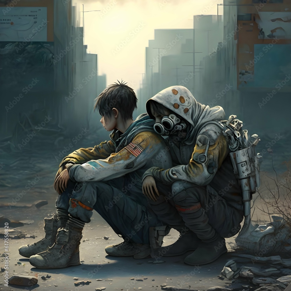 they forgot us post apocalyptic sad tired stressed worn realistic Stock ...