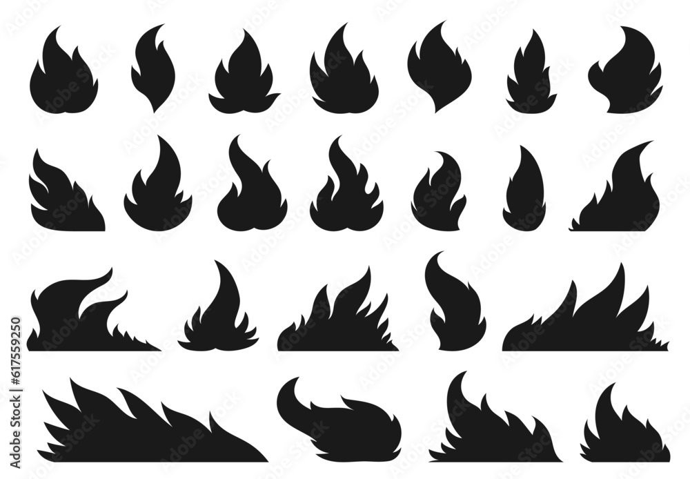 Fireball flame, hot fire black silhouette signs. Campfire fiery icon ...