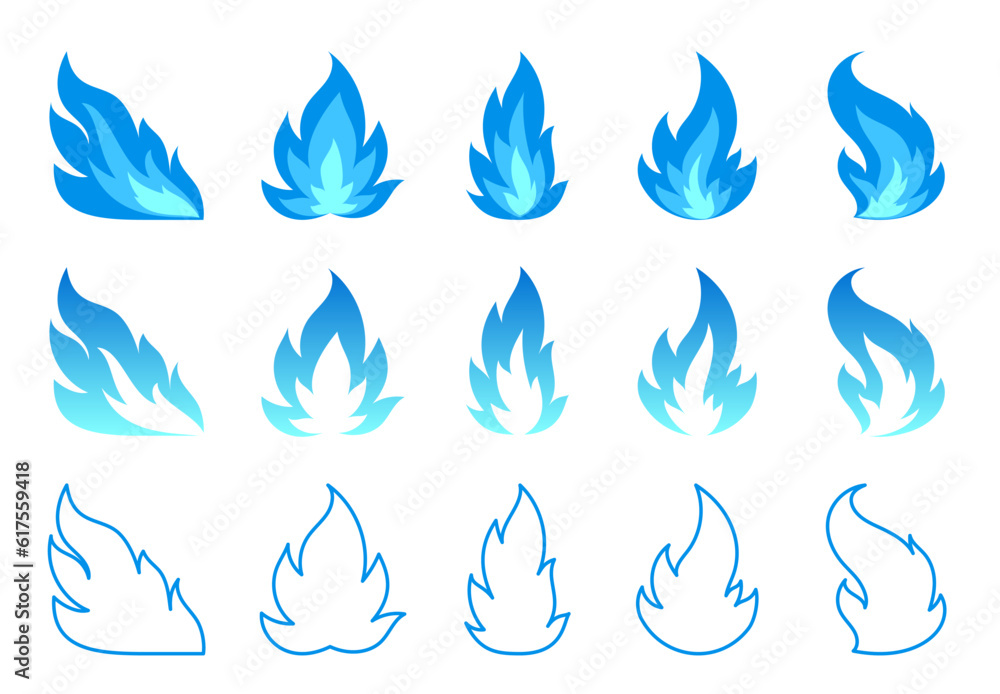 Natural gas fire flat line icon set. Blaze danger warning symbol ...