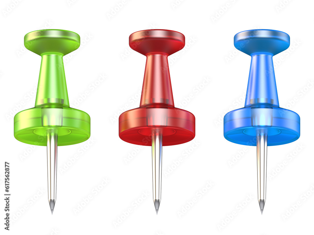 Color push pins. Front view. 3D render illustration isolated on white ...