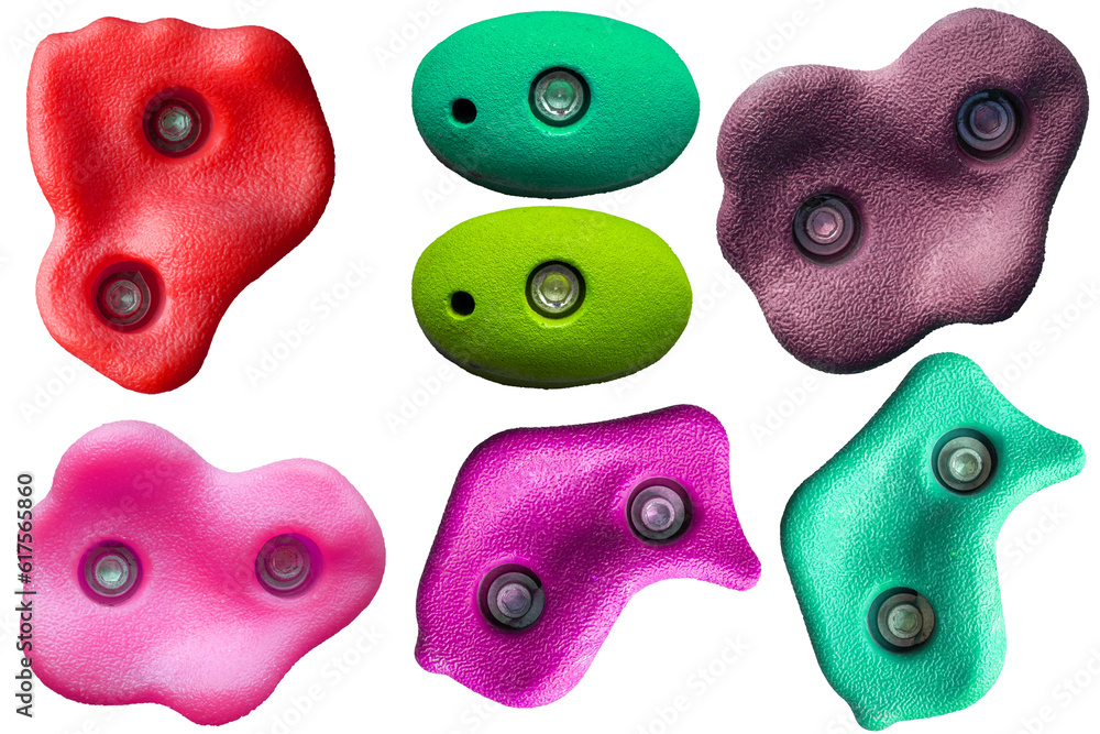 Set of grips different colors and shapes for climbing wall isolated on ...