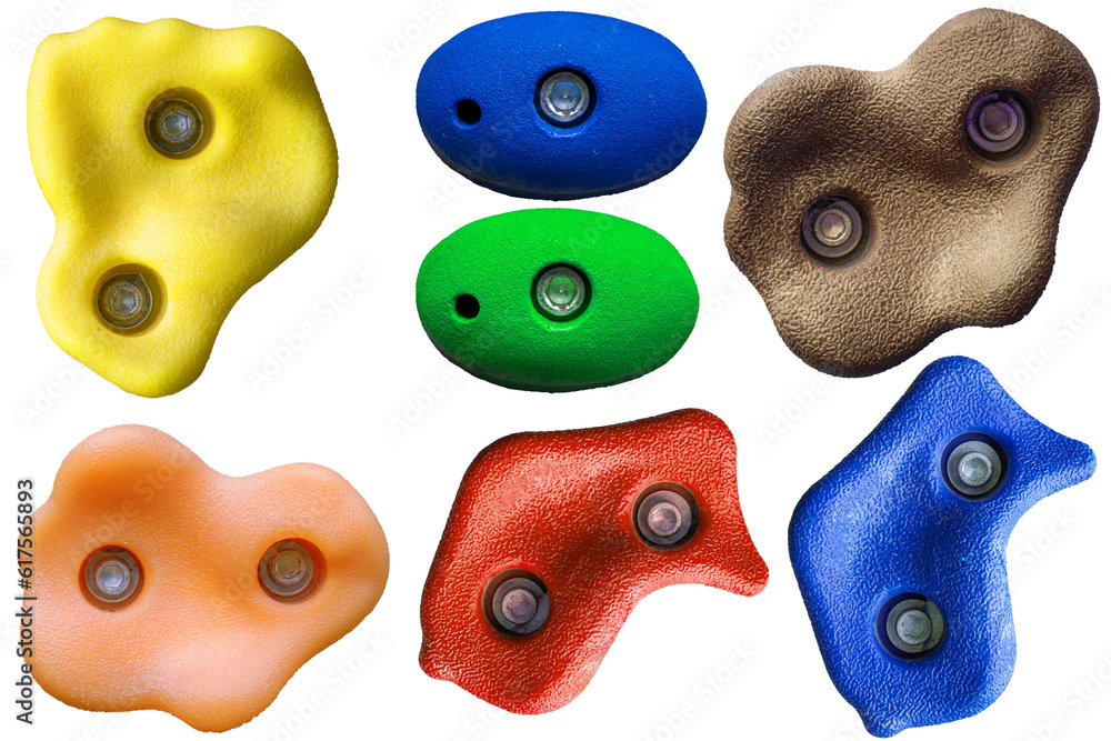Set of grips different colors and shapes for climbing wall isolated on ...