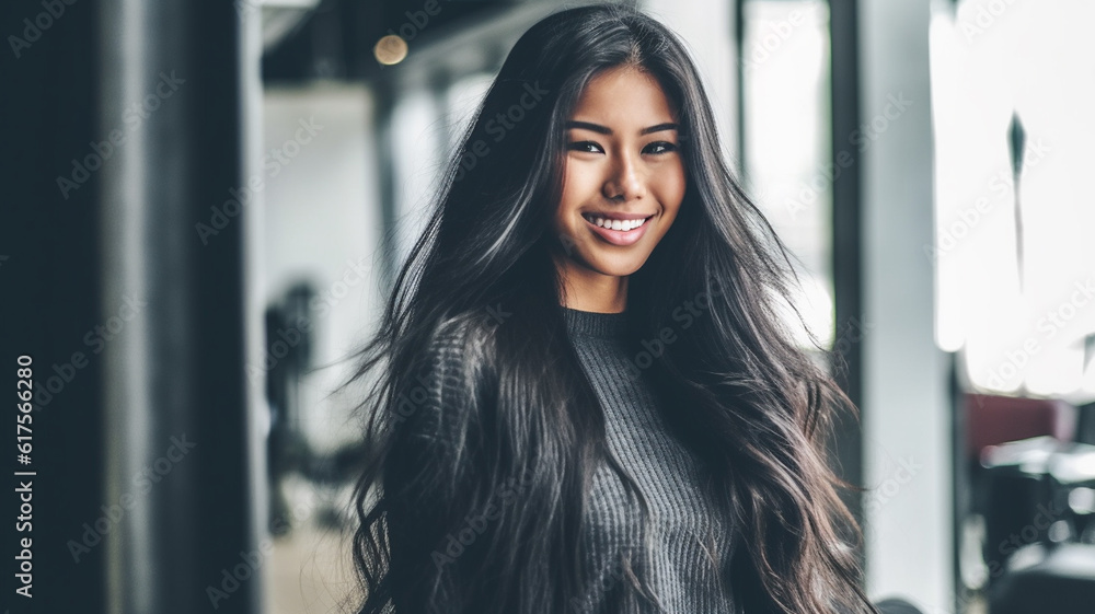 young adult woman working as a cashier in a gym or spa or studio ...