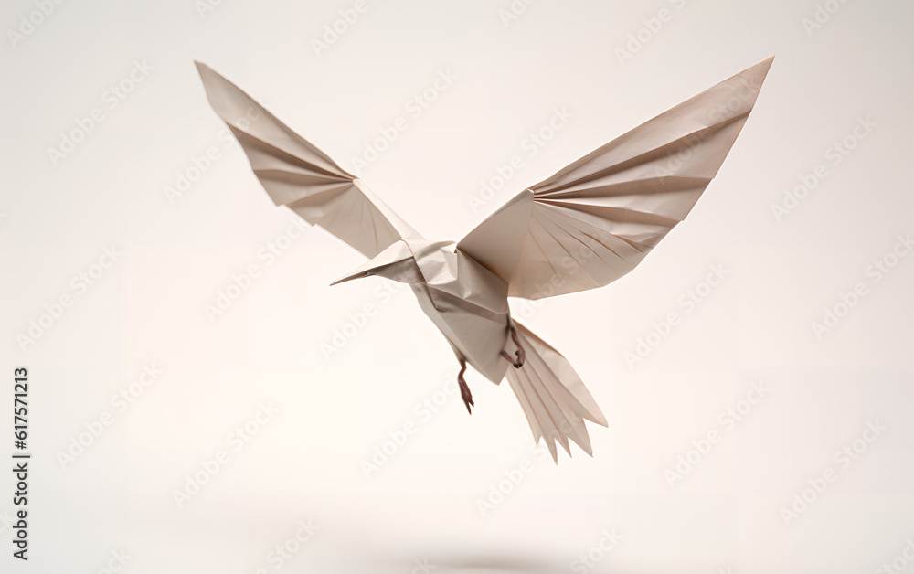 Intricate paper origami bird flying with open wings isolated on white ...