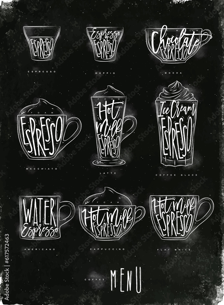 Coffee menu graphic lettering espresso doppio, mocha, macchiato, latte ...