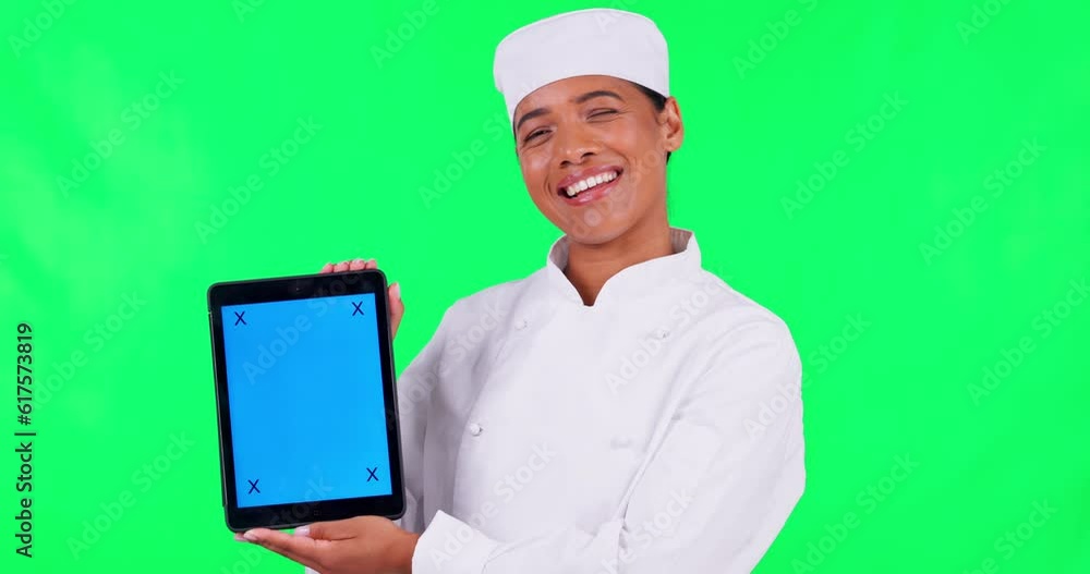 Chef, tablet and woman presentation on green screen in restaurant ...