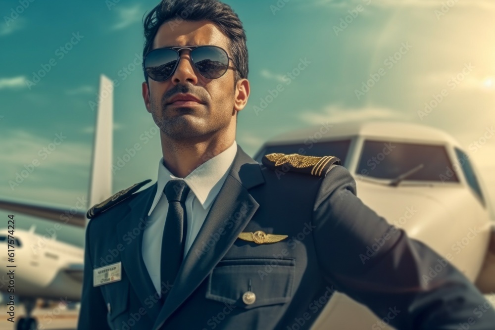 Airplane pilot at the airport. Background with selective focus. AI ...