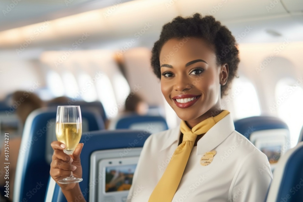 African American stewardess. Background with selective focus. AI ...