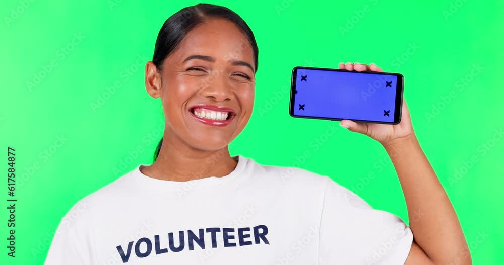 Woman, volunteering and phone on green screen for charity, community ...