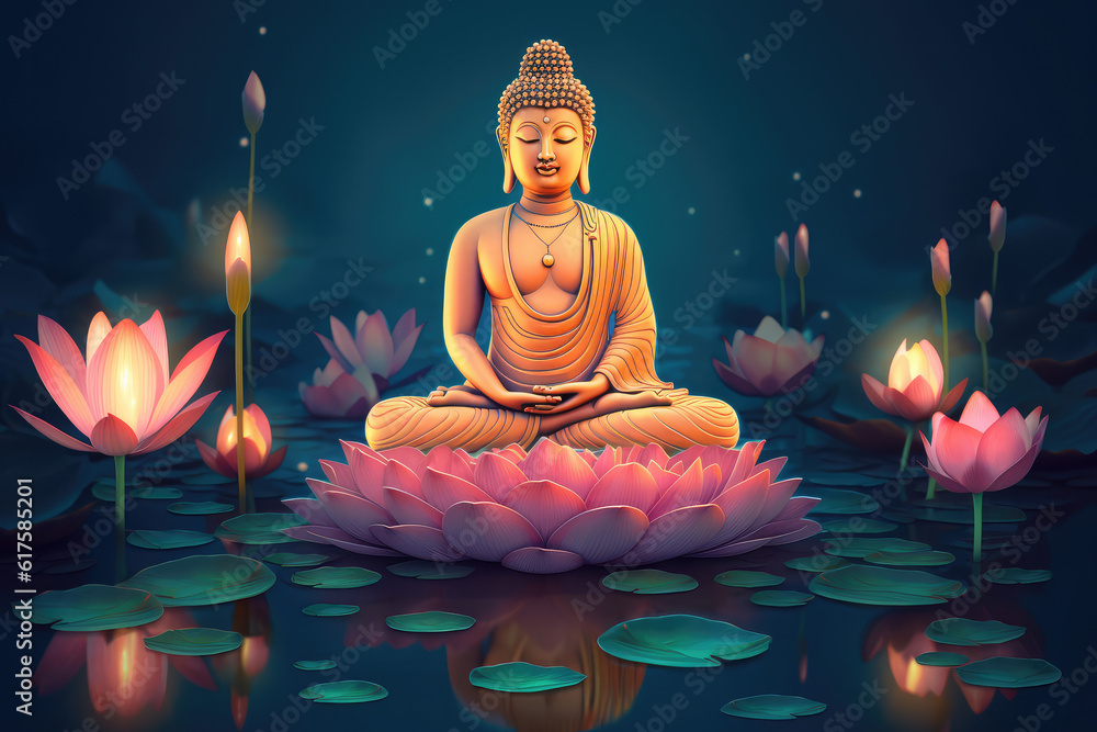 buddha and lotus flower illustration in hindi, generative AI Stock ...