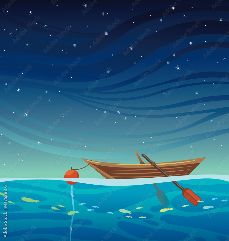 Cartoon wooden boat with bouy and rope at the blue sea on a night ...