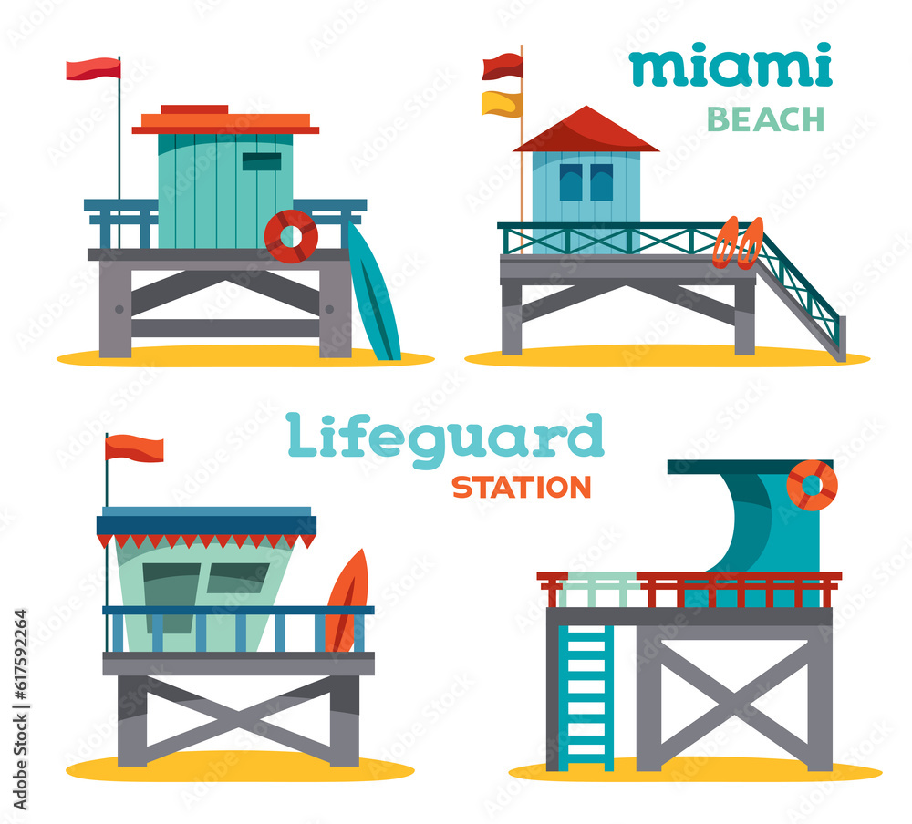 Vector set of caroon lifeguard stations on a white background ...