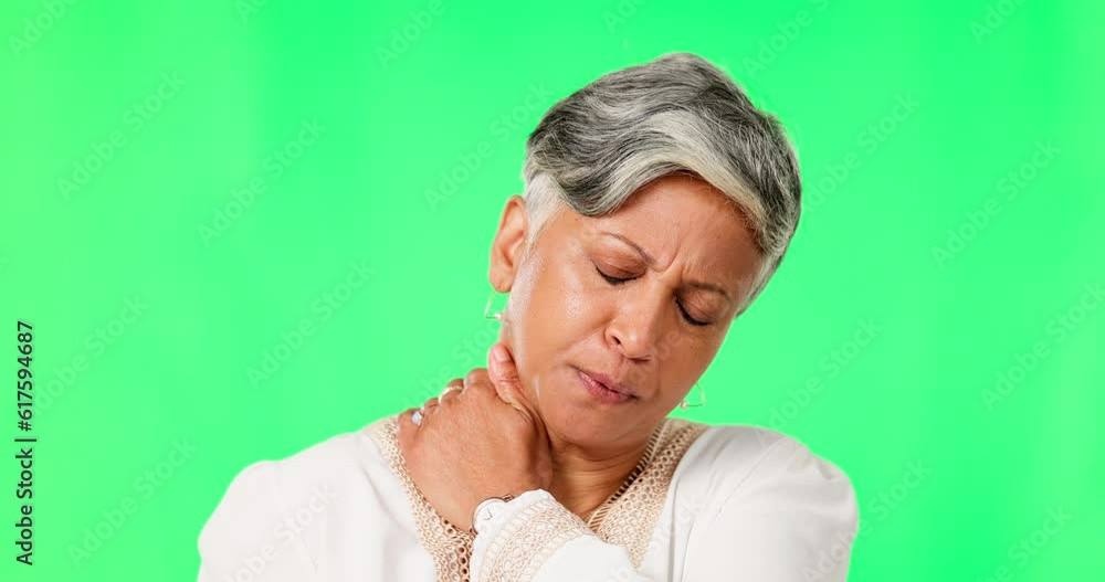 Mature, woman and neck pain, green screen and muscle tension ...