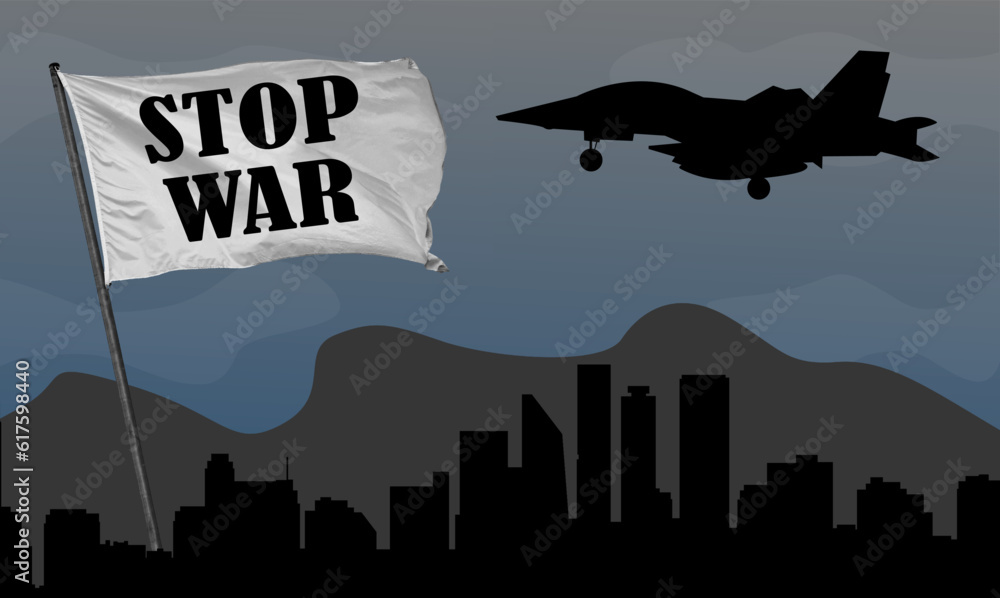 Stop war background illustration with silhouette of fighter jet plane ...