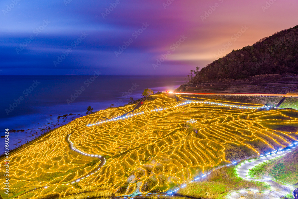 Wajima, Japan at Shiroyone Senmaida rice terraces at night. Stock Photo ...