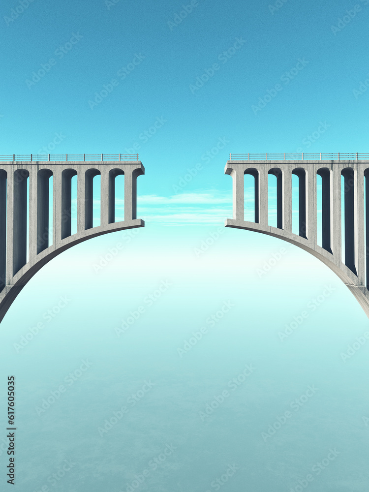 A gap in the concrete bridge as a symbol of risk and danger. This is a ...