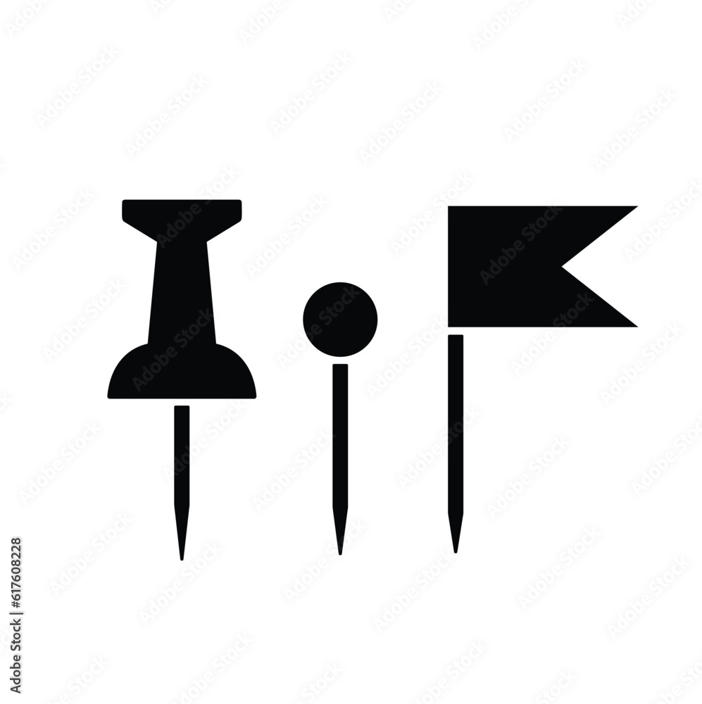 Pushpin flat silhouette vector on white background. Office supply icon ...