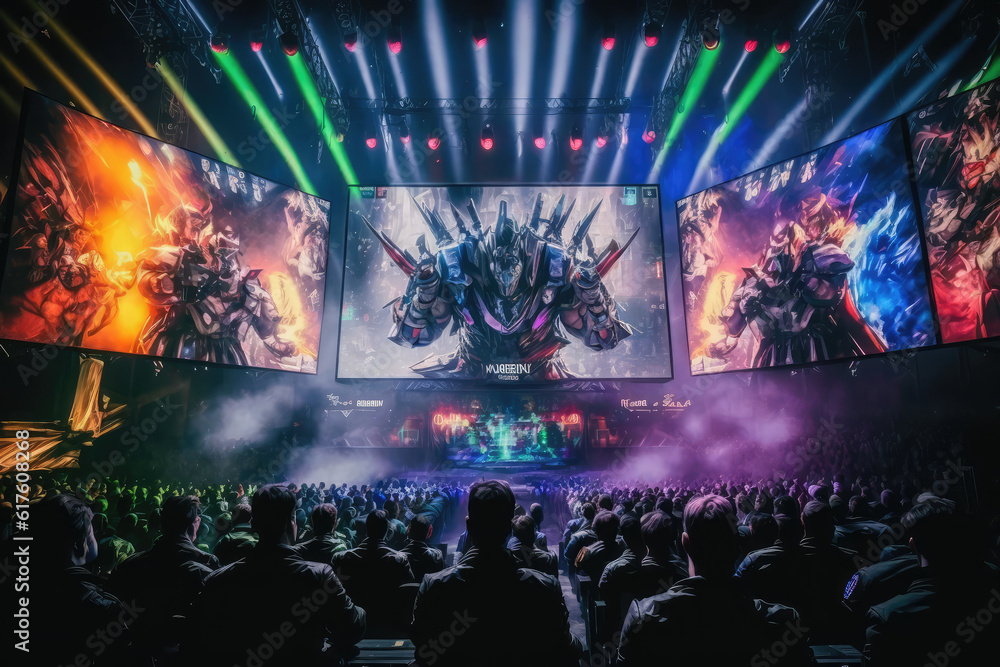 esports arena, filled with cheering fans and colorful LED lights ...