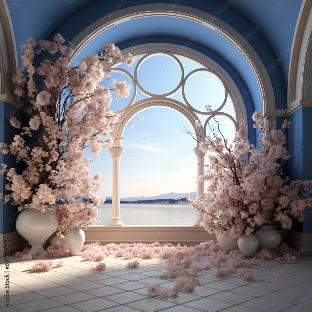 blue room architecture with pink floral flowers decoration backdrop ...