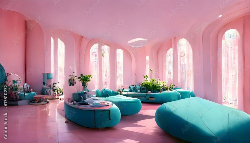 barbie aesthetic interiorpink blue green sunny dayclouds in the hall ...