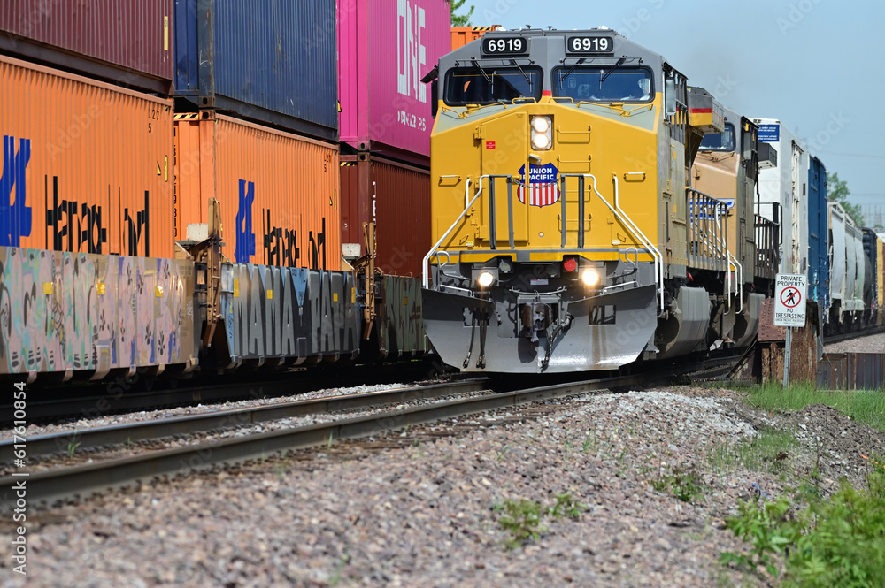 Union Pacific Railroad freight trains passing in a rural section of ...
