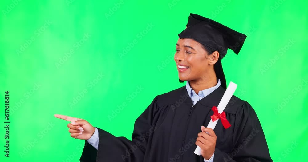 Woman graduate, face and green screen with point for choice ...