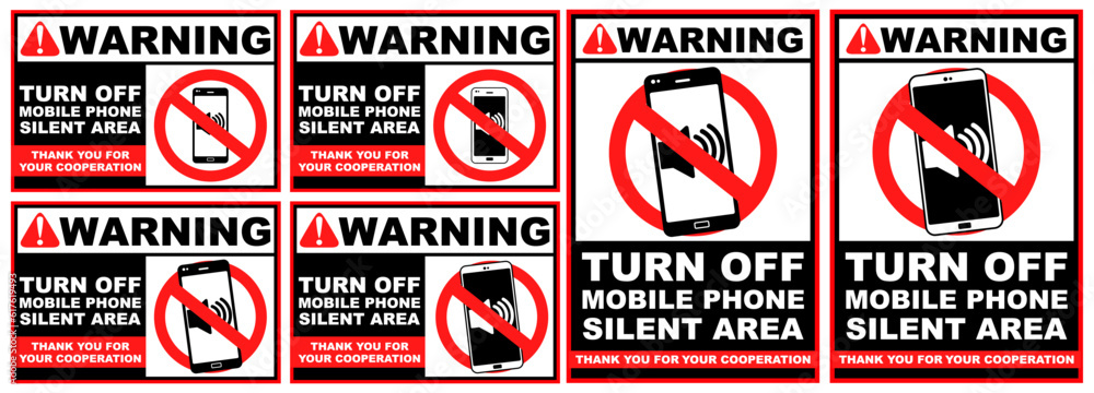 Set trendy warning turn off mobile phone sign symbol. Silent area ...