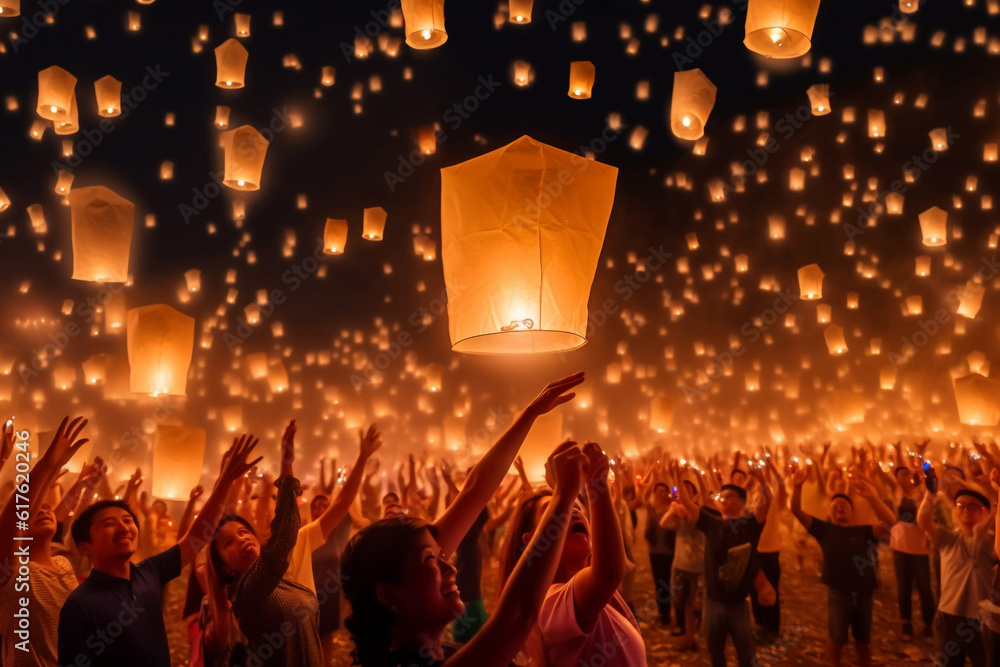 Asian people releasing white paper lanterns into the night sky ...
