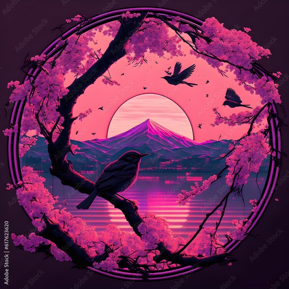 japanese vaporwave cherry blossom synthwave retrowave Stock Illustration | Adobe Stock