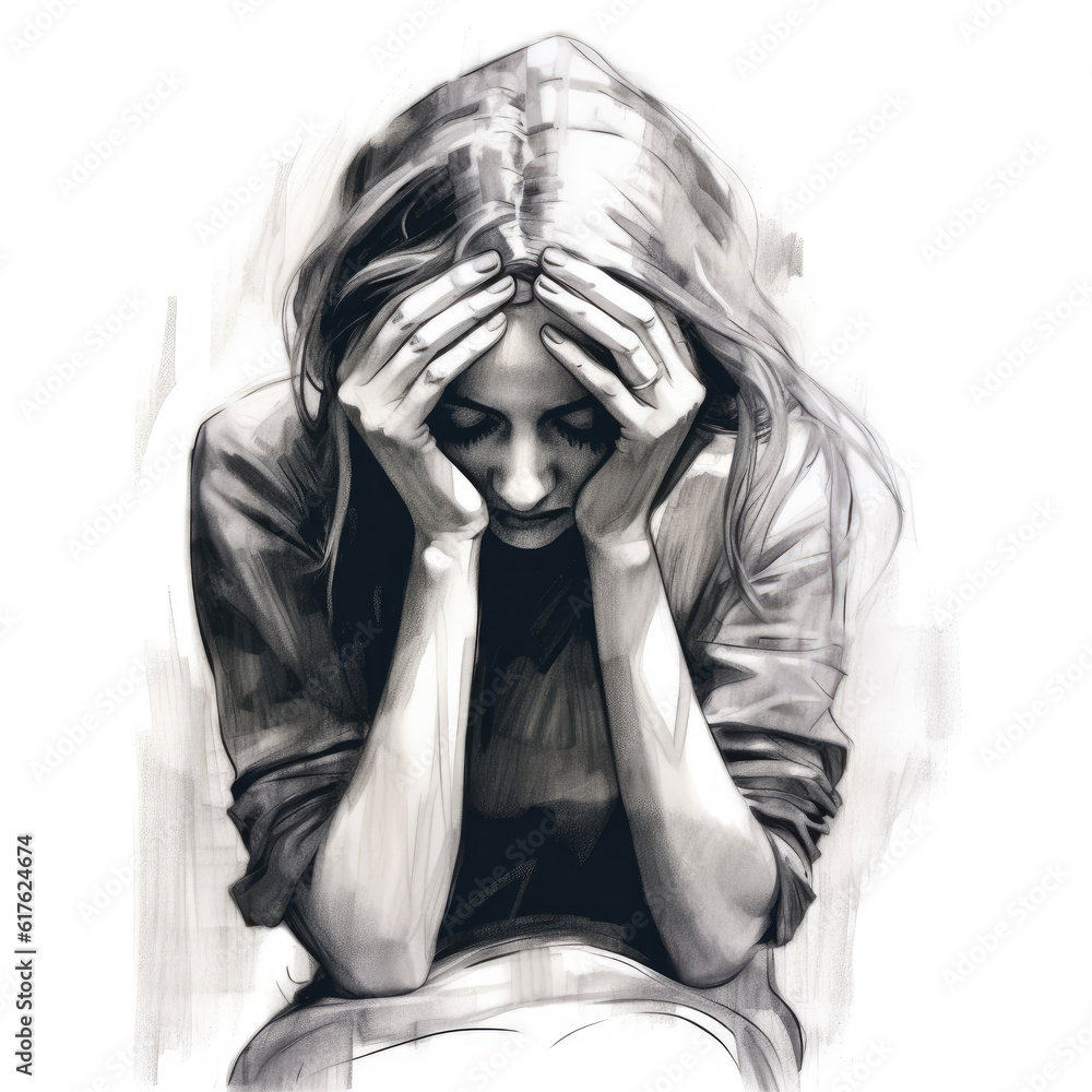 A black and white drawing of a woman sitting depressed and sad with her ...