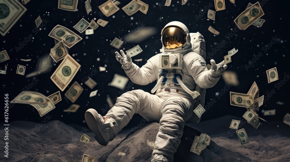 To the Moon. Astronaut on the moon with lots of money. Generative AI ...
