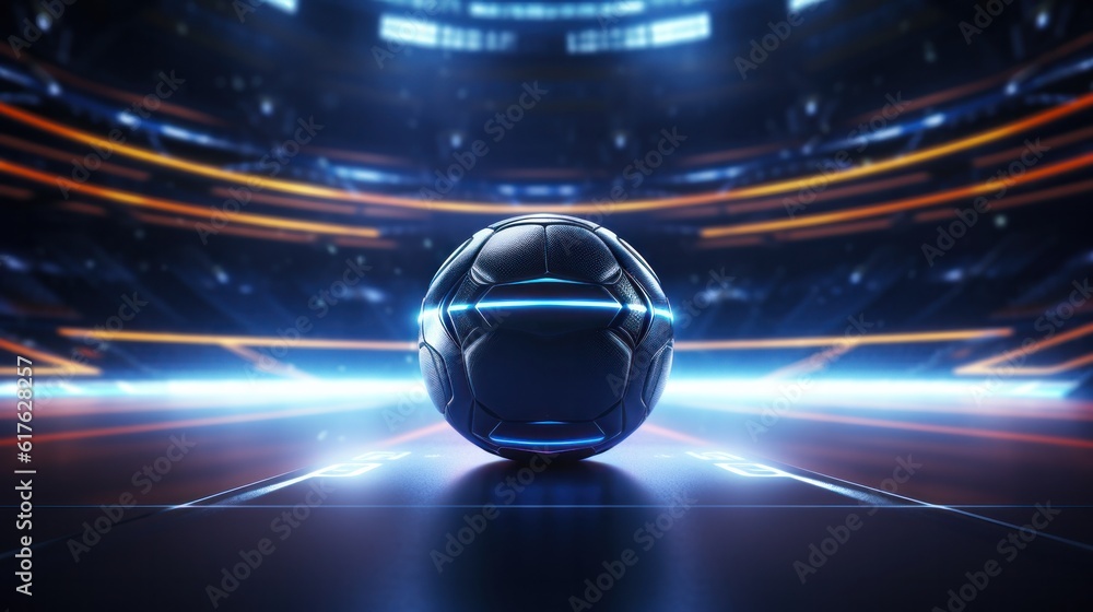 Football in the center of a futuristic indoor soccer field or stadium ...