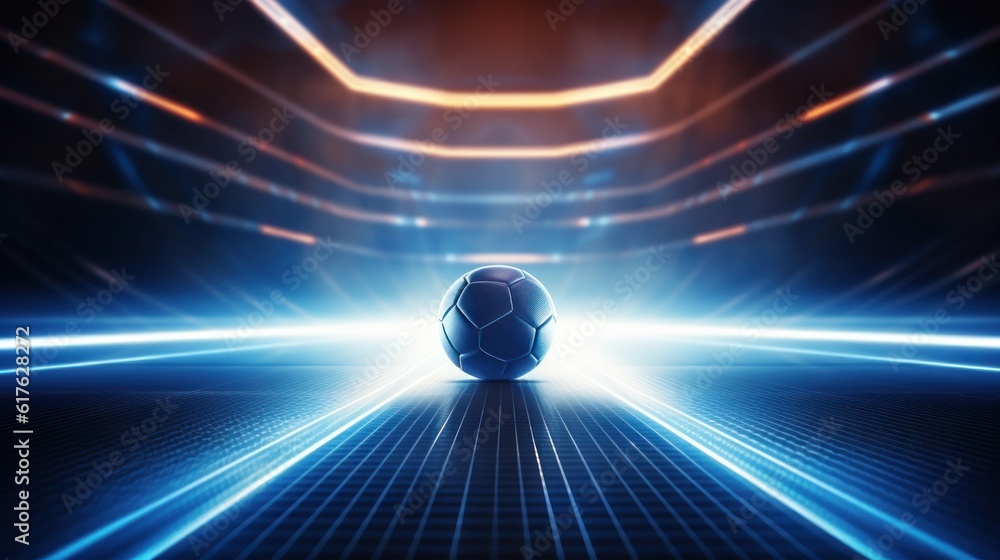 Football in the center of a futuristic indoor soccer field or stadium ...