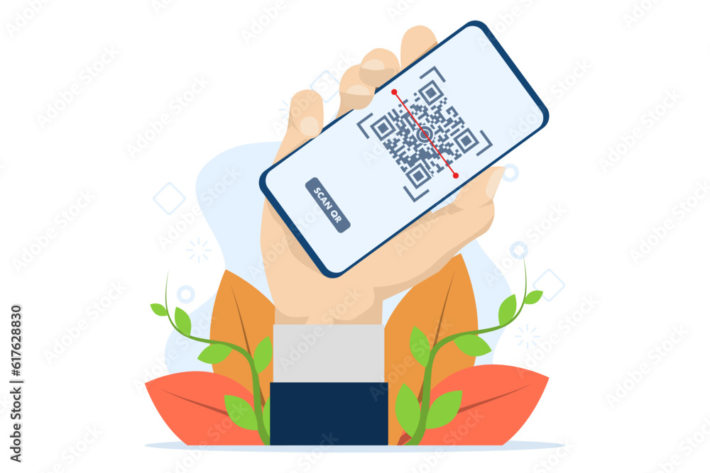 Vetor de electronic payment, QR verification, Person holding phone with ...