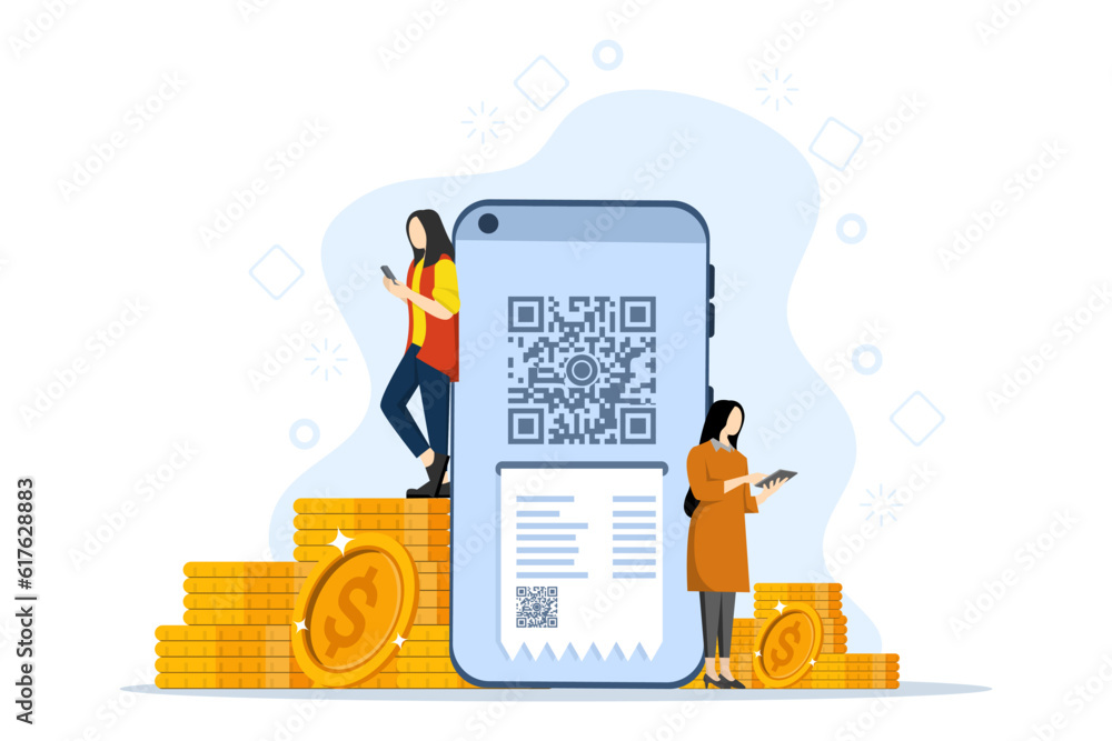 Vetor de electronic payment, QR verification, Person holding phone with ...