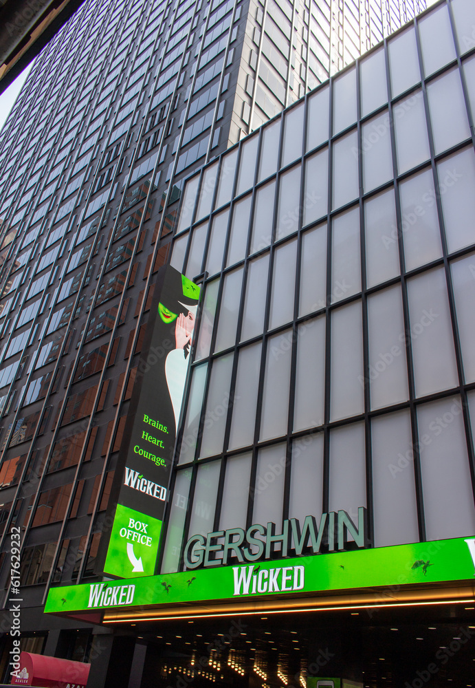 Exterior architecture view of the Gershwin Theatre with “Wicked ...