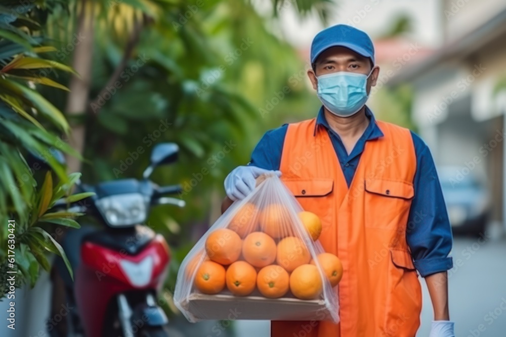 Masked Asian delivery man in orange uniform holding bags of food ...