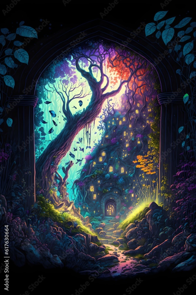 secret fairy garden magical environment complex wide view color pen and ...