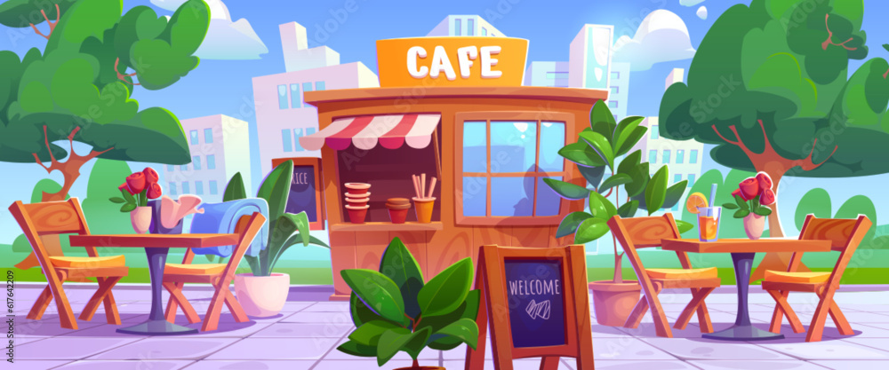 Outdoor cafe booth with table on street scene cartoon illustration ...