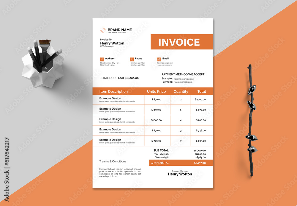 Invoice Layout with Orange Accent Stock Template | Adobe Stock