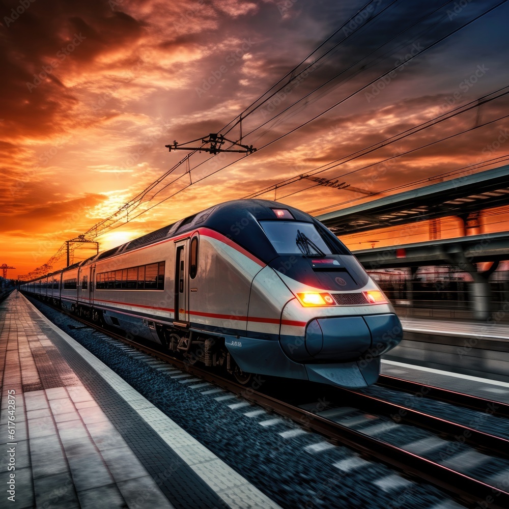 High speed train in motion on the railway station at sunset. Fast ...