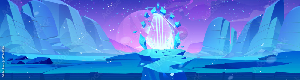 Fantasy ice space background with magic portal in winter. Frozen snow ...
