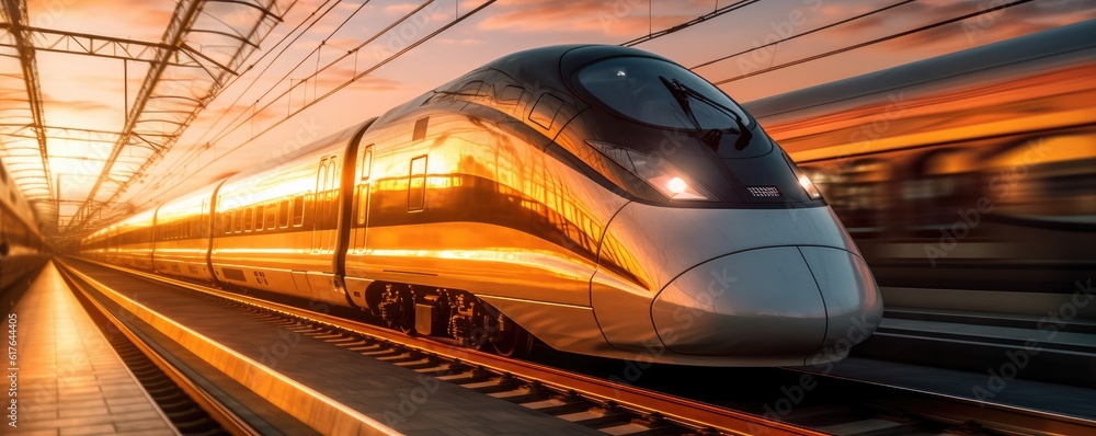 High speed train in motion on the railway station at sunset. Fast ...