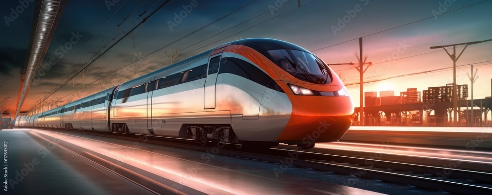 High speed train in motion on the railway station at sunset. Fast ...