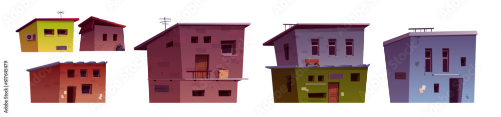Poor ghetto city street house vector building set. Cartoon india ...