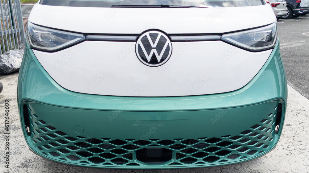 Volkswagen ID Buzz Pro logo brand and vw text sign on EV van car ...