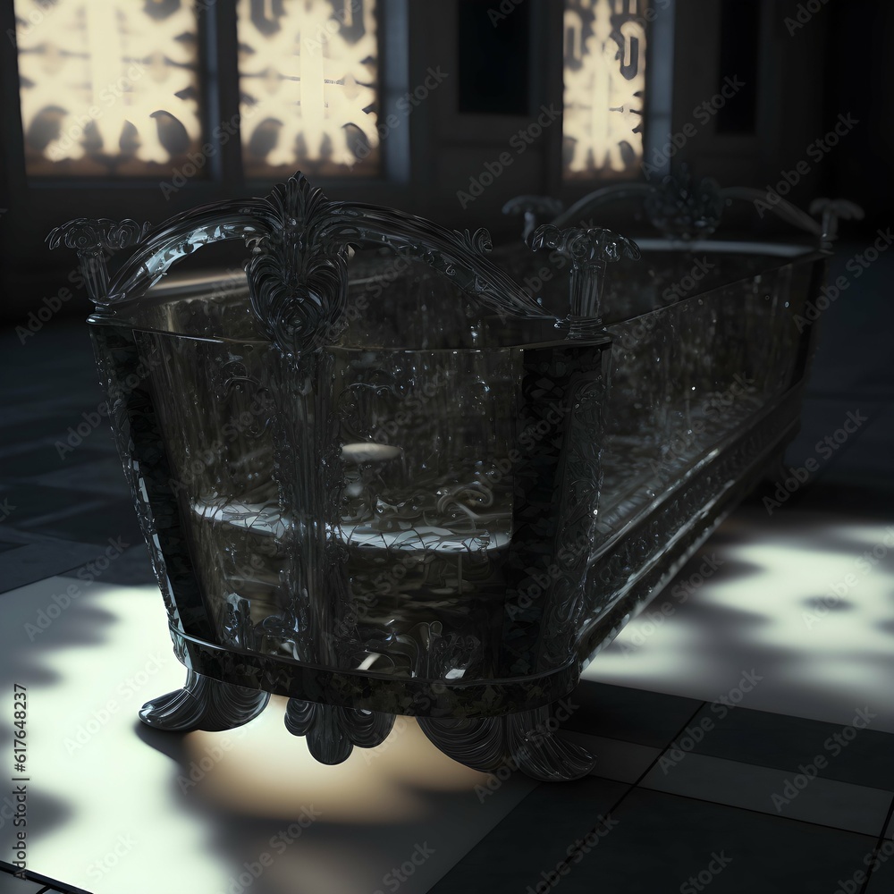 ornate gothic bathtub made of transparent clear glass direct side view ...